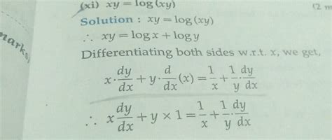 A X Y Log X Log Y Differentiating Both Sides W R T X We Get D X