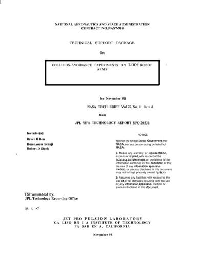 Collision Avoidance Experiments On 7 Dof Robot Arms Tech Briefs