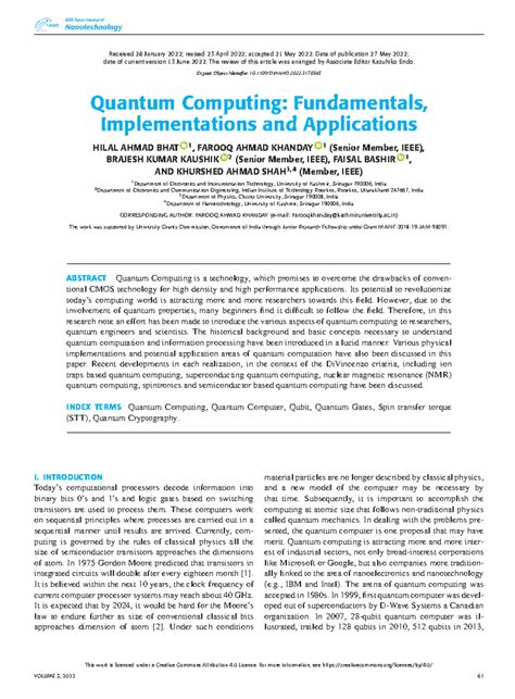 Quantum Computing Fundamentals Implementations And Applications Received 28 January 2022