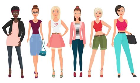Casual Fashion For Beautiful Female Woman On White Cartoon Teenage