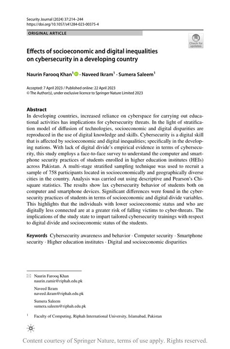 Effects Of Socioeconomic And Digital Inequalities On Cybersecurity In A