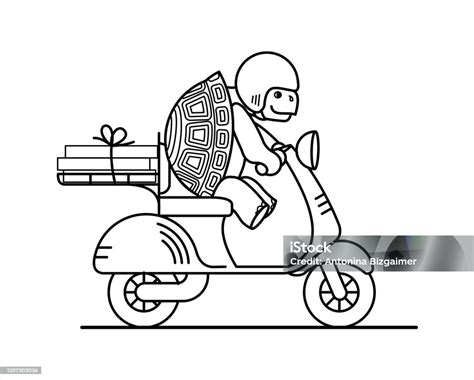 윤곽 거북이 는 스쿠터를 타고있다 느린 배달 헬멧에 귀여운 거북이가 오토바이에 상자를 운반 느림의 상징 색칠하기 책 페이지 가공의 인물에 대한 스톡 벡터 아트 및 기타