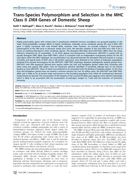 Pdf Trans Species Polymorphism And Selection In The Mhc Class Ii Dra Genes Of Domestic Sheep