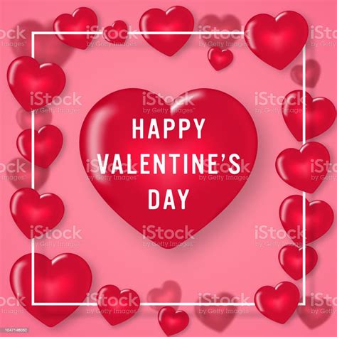 화이트에 레드 핑크 하트 풍선 사랑과 행복 한 발렌타인의 날 개념으로 카드 디자인에 대 한 프레임 배경 광장 벡터 일러스트입니다 3차원 형태에 대한 스톡 벡터 아트 및 기타