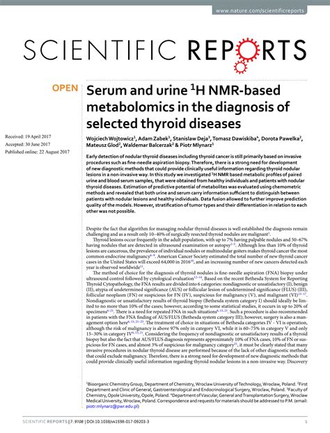 Solution Serum And Urine 1h Nmr Based Metabolomics In The Diagnosis Of Selected Thyroid
