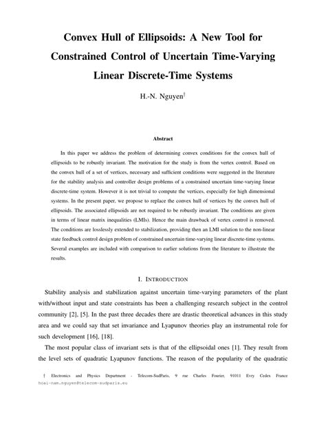 Pdf Convex Hull Of Ellipsoids A New Tool For Constrained Control Of Uncertain Time Varying