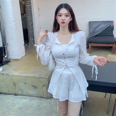 [1만원쿠폰🧡여리끝판왕 ] 남심저격 슬림핏 시스루 트임 퍼프 프릴 끈 리본 린넨 롱 쉬폰 블라우스 밴딩 숏 팬츠 반바지 세트 A라인 긴팔 투피스 발레코어룩 아이보리 에이블리