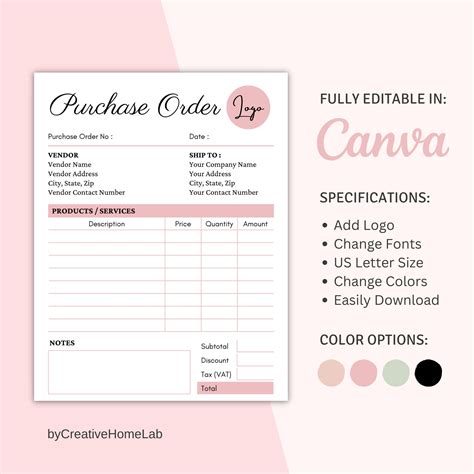 Canva Printable Purchase Order Form Editable Business Etsy