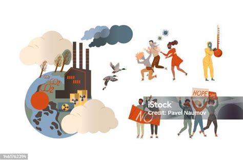 대기 오염과 기후 변화에 항의하는 사람들이 설정되었습니다 공장에서 김이 나는 파이프로 현수막을 들고 Co2 벡터 삽화를 방출하는 활동가들 개념에 대한 스톡 벡터 아트 및