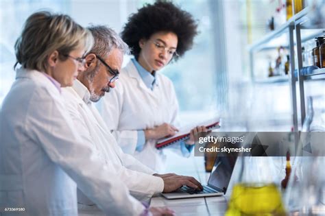 Group Of Doctors Analyzing Medical Data On Laptop In The Laboratory