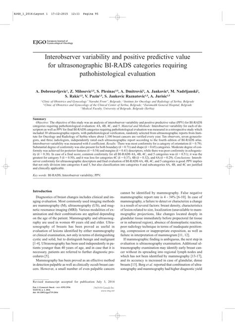 Pdf Interobserver Variability And Positive Predictive Value For Ultrasonographic Bi Rads