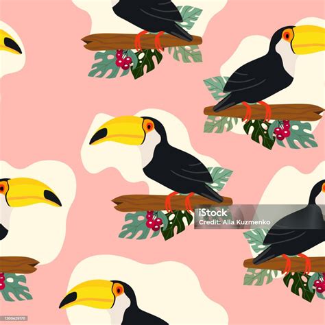 분기에 귀여운 만화 Toucan 새와 원활한 패턴 벽지 직물 직물에 대한 벡터 일러스트레이션 여름 이국적인 프린트 꽃 몬스터 잎열대 투칸 계절에 대한 스톡 벡터 아트 및