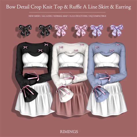 Rimings Bow Detail Crop Knit Top And Ruffle A Line Skirt And Earring