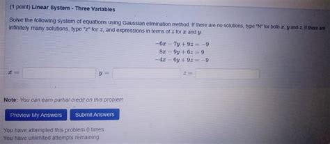 Solved 1 Point Linear System Three Variables Solve The