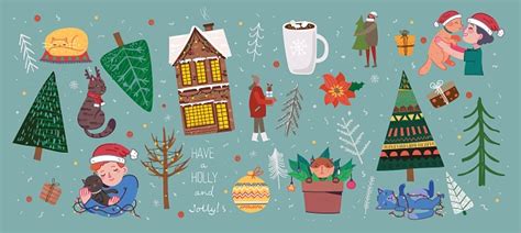 겨울 크리스마스 트리와 태양 눈 눈송이 부시 구름 자신의 새해와 크리스마스 일러스트 카드를 만들기위한 사람들의 벡터 세트 0명에 대한 스톡 벡터 아트 및 기타 이미지