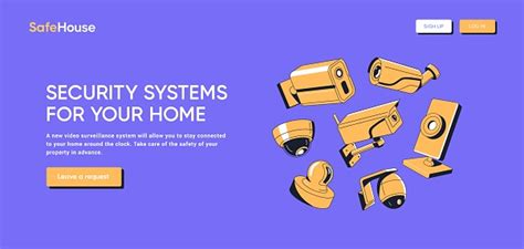 비디오 감시 시스템 웹 배너 다양한 유형의 디지털 보안 카메라의 웹 사이트 디자인 Cctv의 프로모션 페이지 거리 및 주택 안전을 모니터링하는 장비 평면 벡터 일러스트 레이