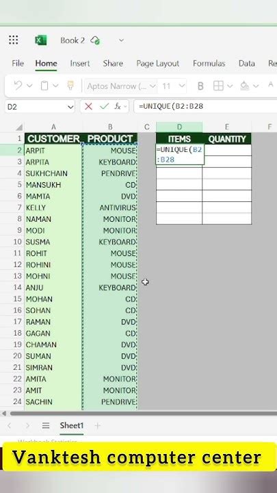 Unique And Countif Function In Ms Excel Vanktesh Computer Center Shorts Youtube