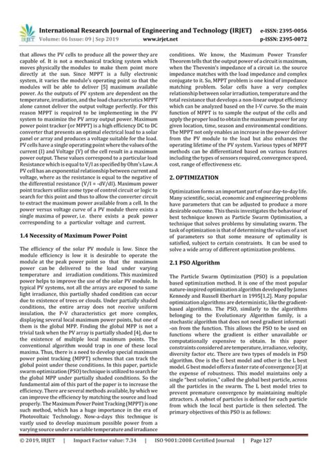 Irjet Maximum Power Point Tracking Of Pv System By Particle Swarm