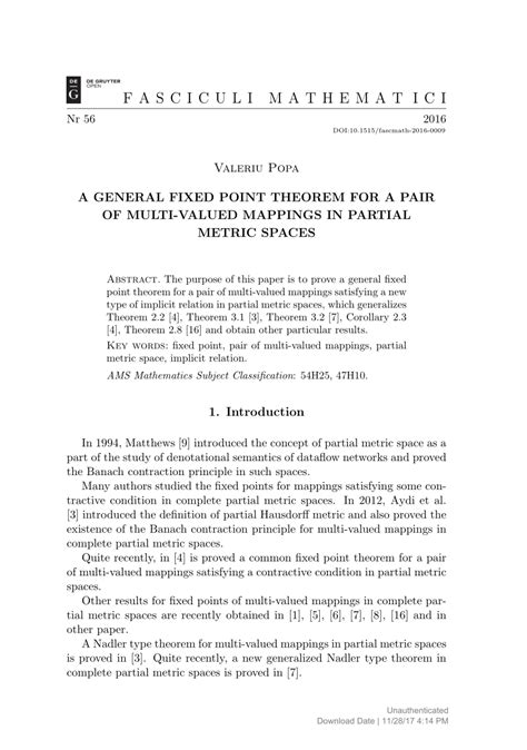 Pdf A General Fixed Point Theorem For A Pair Of Multi Valued Mappings In Partial Metric Spaces