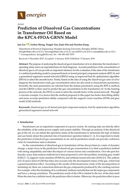 Pdf Prediction Of Dissolved Gas Concentrations In Transformer Oil Based On The Kpca Ffoa Grnn