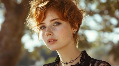 Premium Photo A Young Woman Wearing A Red Pixie Crop Hairstyle On The