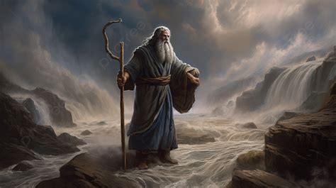 폭포 앞에 서 있는 긴 옷을 입은 거인 모세 그림 모세 종교 배경 일러스트 및 사진 무료 다운로드 Pngtree