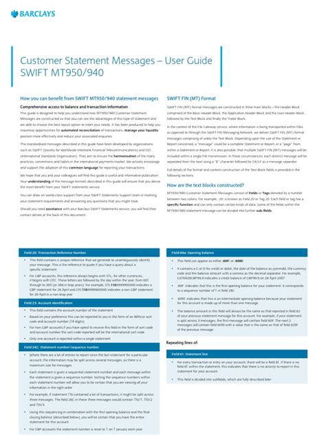 Swift Mt940 And Mt950 Statements Customer Service Guide Debits And