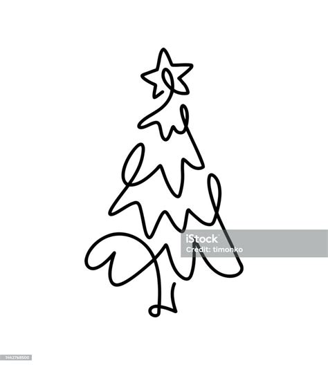 크리스마스 벡터 소나무 전나무 한 줄 예술과 별 연속 한 선 그리기 크리스마스와 새해 유형 개념에 대한 그림 미니멀리즘 디자인 12월에 대한 스톡 벡터 아트 및 기타 이미지