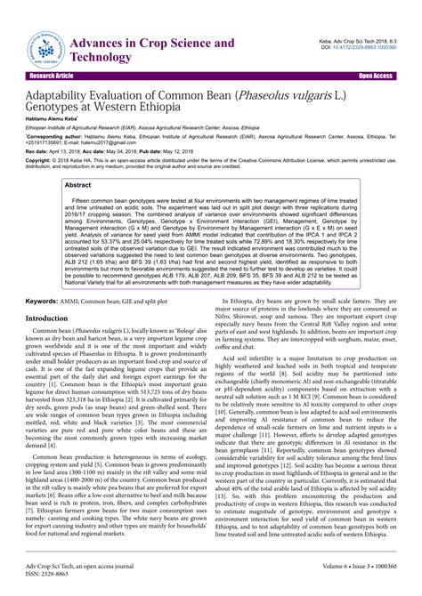 Pdf Adaptability Evaluation Of Common Bean Phaseolus Vulgaris L