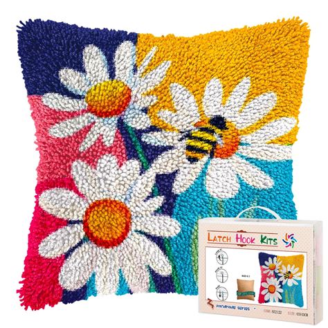 White Daisy Flower And Bee Diy Latch Hook Pillow Kits For Adults