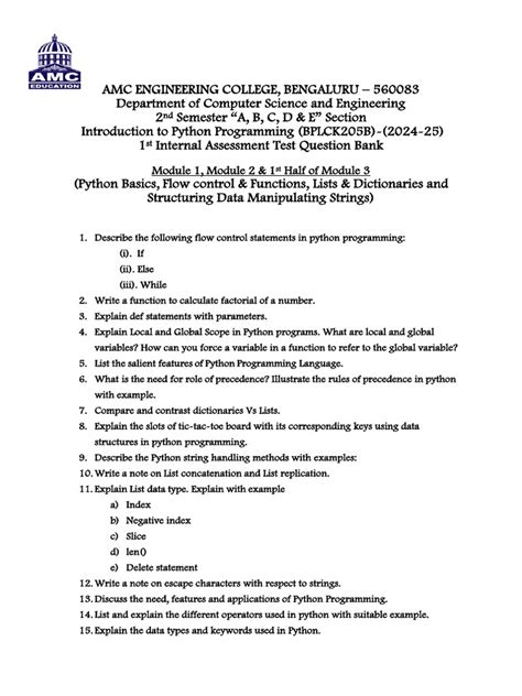 2nd Semester Introduction To Python Programming Bplck205b 1st Ia Qb