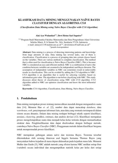 Klasifikasi Data Mining Menggunakan Naive Bayes Classifier Dengan Algoritma C50