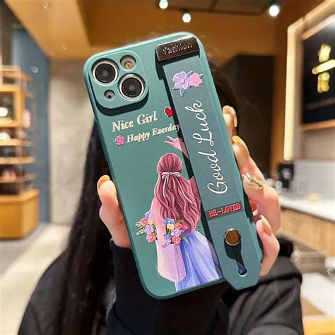 패션 아름다운 소녀의 뒤 손목 밴드 브래킷 홀더 액체 실리콘 케이스 아이폰 14 11 프로 맥스 Temu Korea