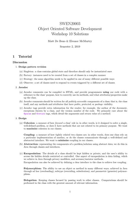Solutions 10 Tutorial Answer For Week 11 Swen Object Oriented