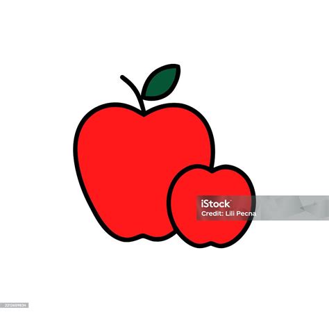 두 개의 단순한 빨간 사과를 묘사하고 있는데 하나는 잎이 달린 큰 사과이고 그 옆에 검은 색으로 윤곽이 그려진 작은 사과입니다 투명한 배경에 건강한 생활방식에 대한 스톡