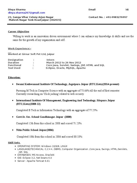 Divya Resume Pdf Oracle Database Java Programming Language