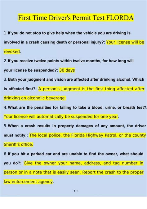 Florda First Time Drivers Permit Test 2025 Questions And Answers