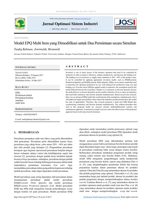 Pdf Model Epq Multi Item Yang Dimodifikasi Untuk Dua Permintaan Secara Simultan