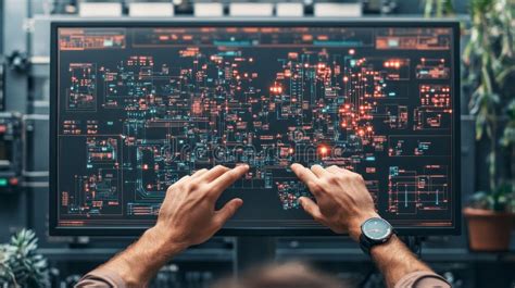 A Person Interacts With A High Tech Touch Screen That Showcases Intricate Data And Circuit