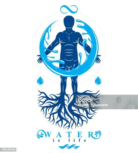 근육 질의 인간 개인의 벡터 그래픽 그림 나무 뿌리로 만든 고 물 공을 의해 둘러싸여 인간의 물 비유를 보유합니다 물에 대한 스톡 벡터 아트 및 기타 이미지 Istock
