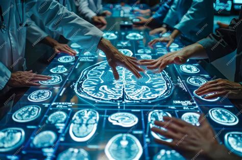 Diverse Colleagues Analyzing Mri Brain Scans For Alzheimers Cure At Medical Research Center