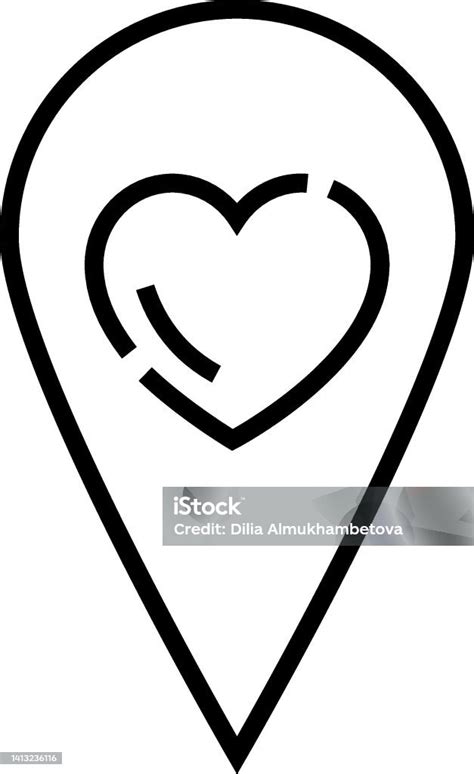 검은 색 얇은 선으로 그려진 벡터 기호입니다 기사 서적 상점 상점에 완벽한 간단한 흑백 기호 지리적 위치 기호 내부의 심장의 선 아이콘 거미줄에 대한 스톡 벡터 아트 및