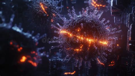 Detailed 3d Visualization Of Virus Structure Showcasing Capsid Spikes And Glowing Rna Strands