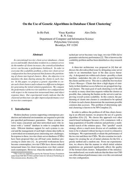 Pdf On The Use Of Genetic Algorithms In Database Client Clustering