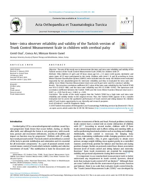 Pdf Inter Intra Observer Reliability And Validity Of The Turkish Version Of Trunk Control