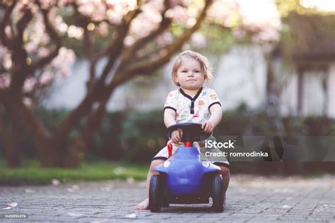 귀여운 작은 아기 소녀 가정 이나 보육의 정원에서 파란색 작은 장난감 자동차를가지고 노는 배경에 꽃 목련 사랑 스러운 아름 다운 유아 어린이 아이에 대한 스톡 사진 및 기타
