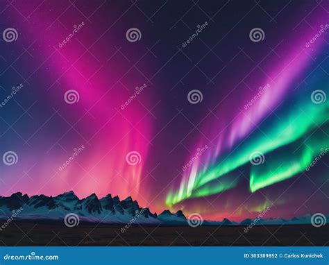 A Surreal Sky Scene Where Traditional Aurora Borealis Colors Are