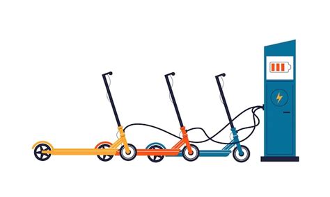 전기 스쿠터 만화 소형 경차 전기 스테이션에서 충전 오토바이 공유 서비스 전기 배터리 충전기 및 개인 모바일 전송 벡터 일러스트 레이 션 프리미엄 벡터