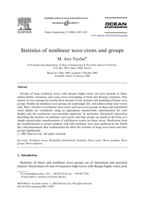 Pdf On Nonlinear Wave Groups And Crest Statistics