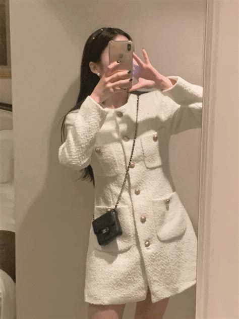 뮤닛 금장 단추 트위드 미니 원피스 2color 에이블리